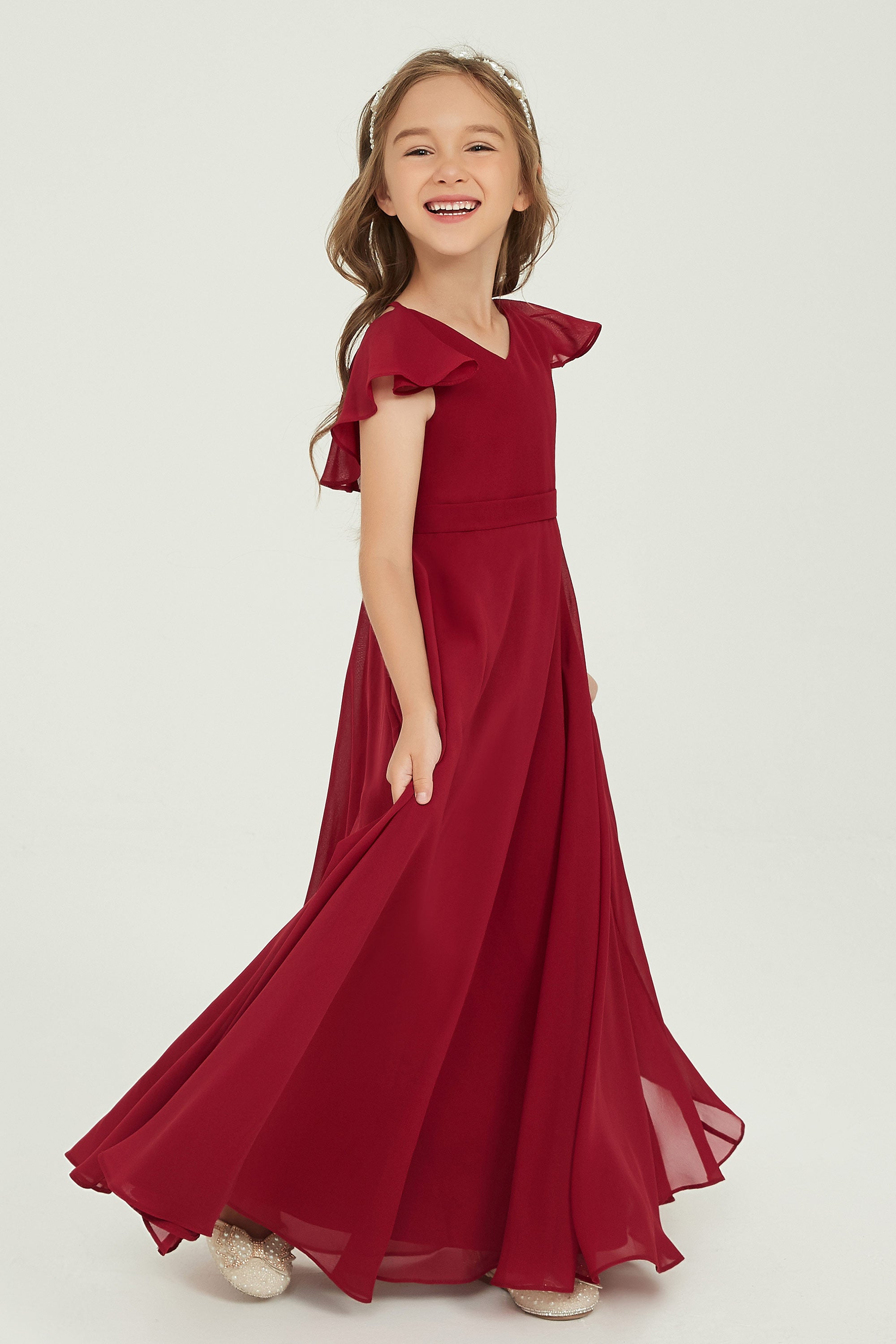 A Line V-Neck Long Chiffon Junior Bridesmaid Dress Flutter Sleeves ...