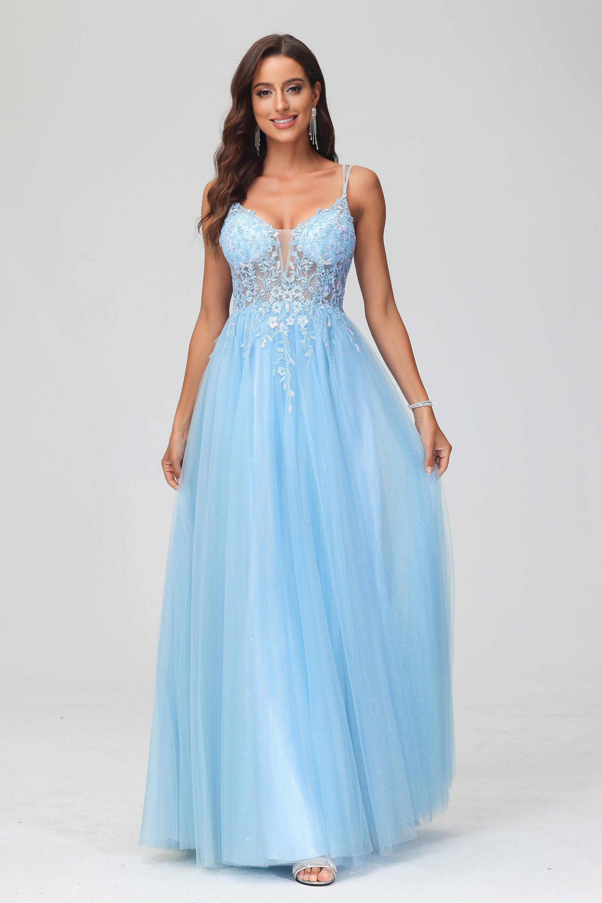 Applique See-through A-Line Glitter Tulle Floor-Length Dress – DUNTERY UK