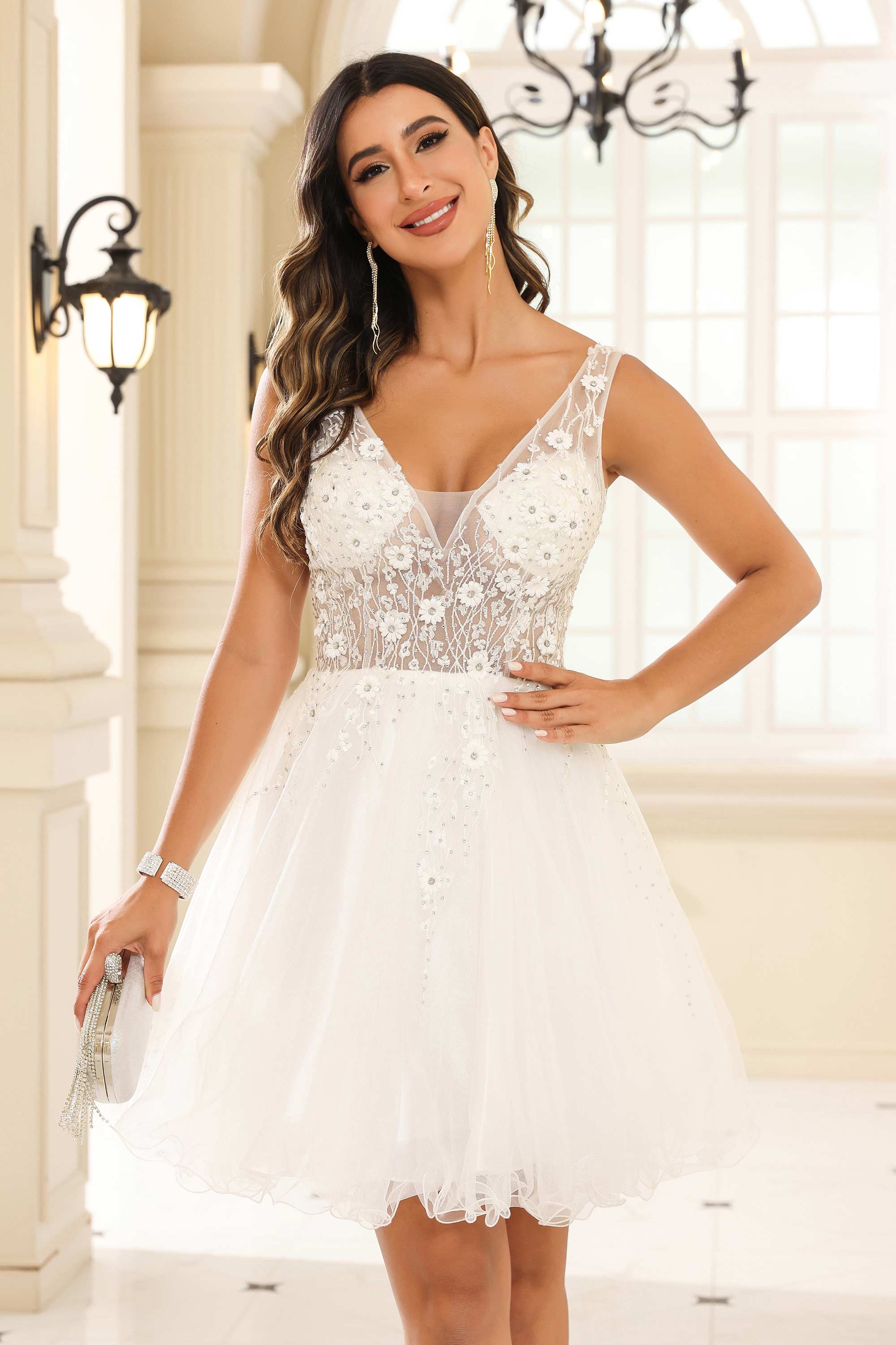 V-neck See-through Rhinestone A-line Tulle Mini Dress – DUNTERY UK