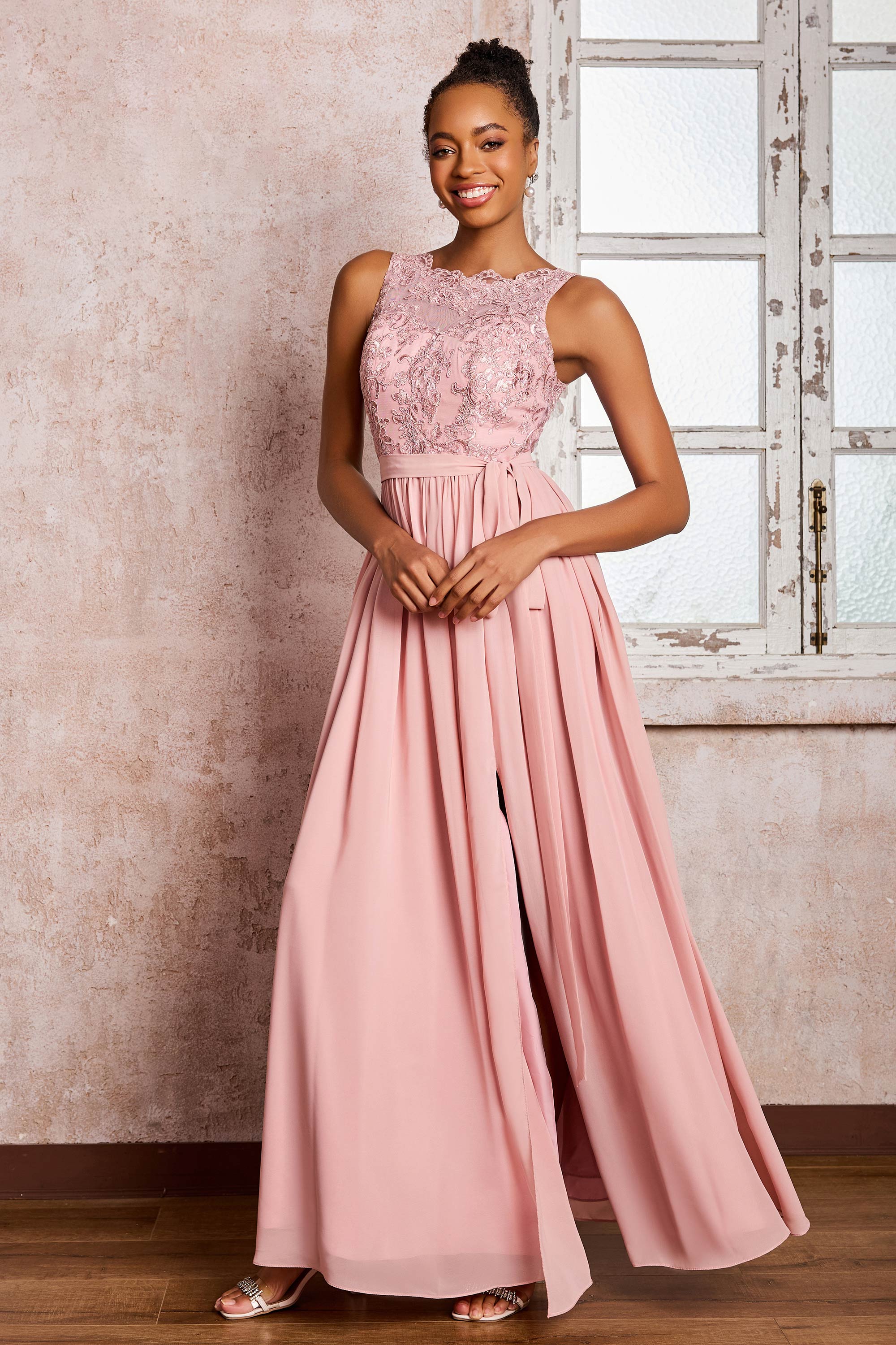 Lace Top Chiffon A-Line Maxi Dresses With Slit – DUNTERY UK