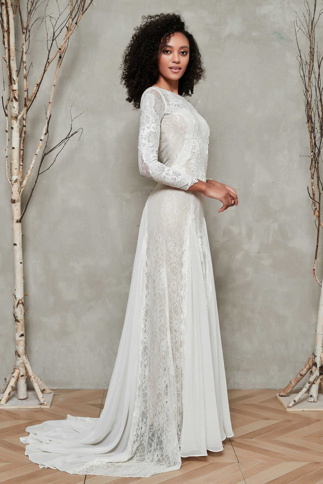 Chapel Train Wedding Gown with Long Tight Sleeves Appliqued Lace ...